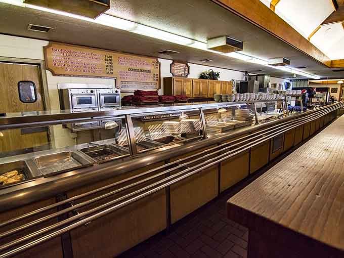 The cafeteria line stretches out like a delicious runway, each station offering another reason to loosen your belt.