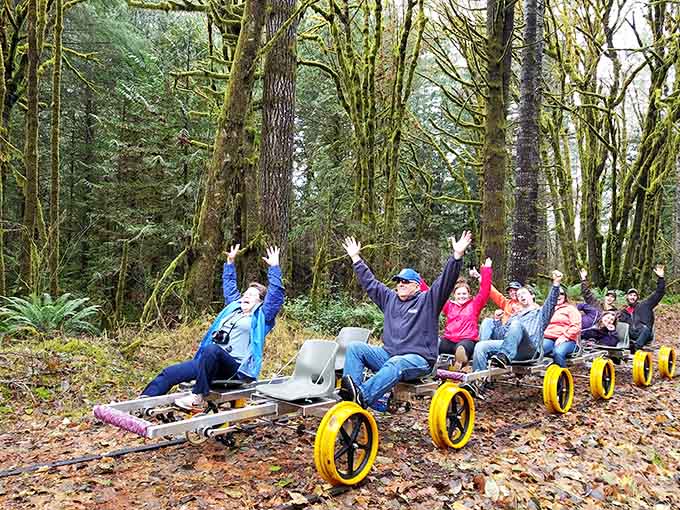 Pure joy captured in a single moment, because rail biking brings out the kid in everyone.