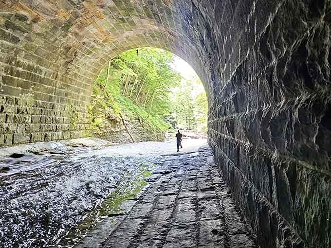 Walking through the old railroad tunnel feels like entering a cathedral built by engineers instead of architects.