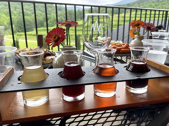 A proper wine flight with a view like this makes you feel fancy without requiring you to dress fancy.