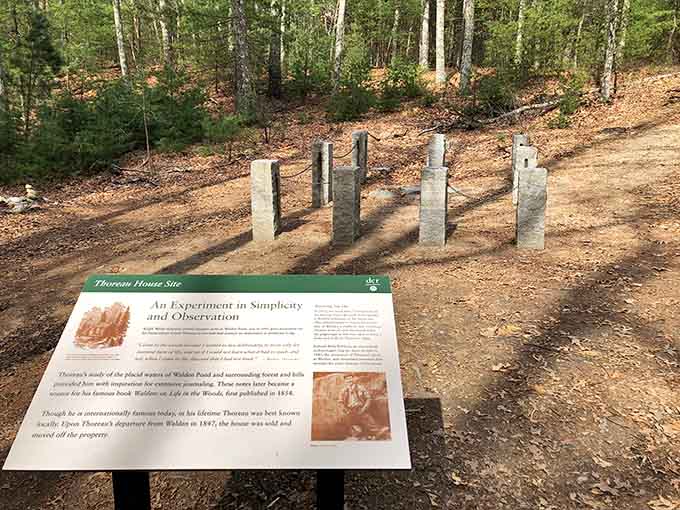 Stone posts mark where Thoreau's tiny cabin stood, making your studio apartment suddenly feel downright spacious.