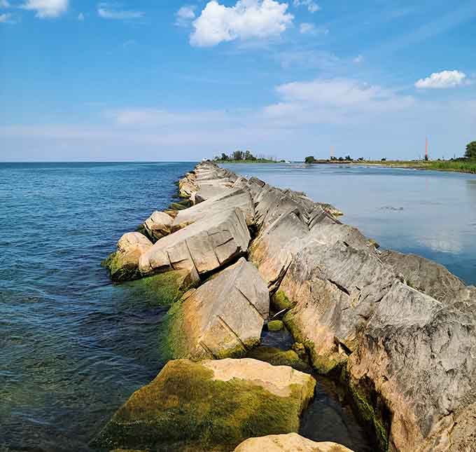 These moss-covered rocks along the breakwater add character that no fancy resort could ever artificially create or replicate.