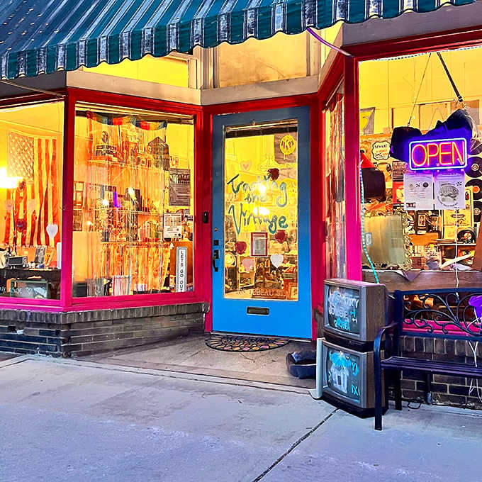 Vintage treasures overflow from colorful storefronts where yesterday's discards become today's affordable decorating solutions for budget-conscious retirees.