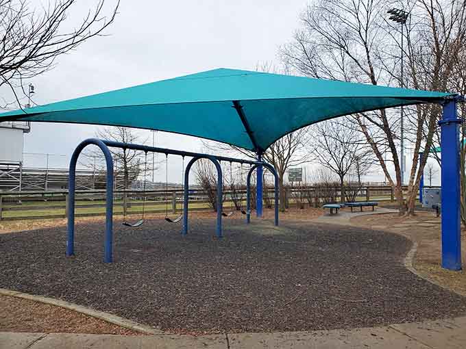 Swings with shade canopies, because someone finally understood that parents need protection from the sun too.