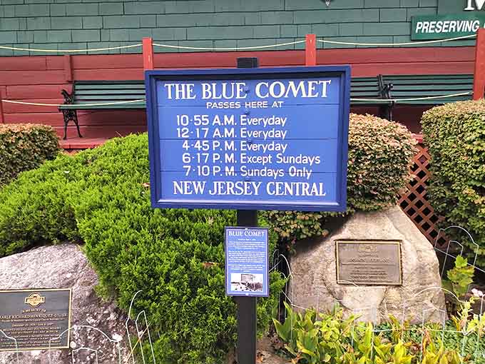 The Blue Comet schedule board commemorates New Jersey's legendary luxury train, once the pride of the rails.