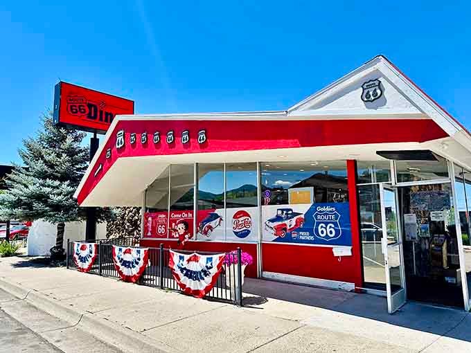 Goldies Route 66 Diner wears its retro heart on its sleeve with enough patriotic bunting to make Uncle Sam proud.