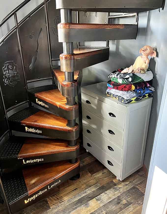 These spiral stairs are labeled with spell names, making every trip upstairs feel like attending actual classes.