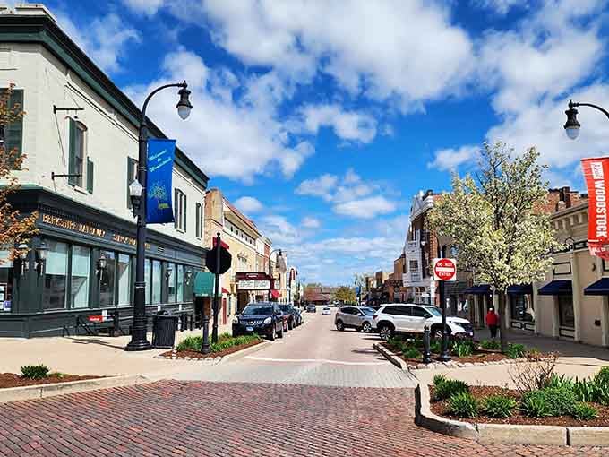 Wide streets, brick sidewalks, and enough parking that you won't circle the block seventeen times like downtown Chicago.