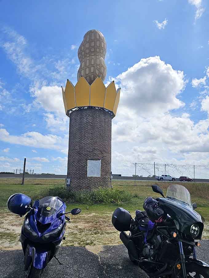Even motorcyclists can't resist the siren call of a 35-foot peanut, because some attractions transcend all demographics.