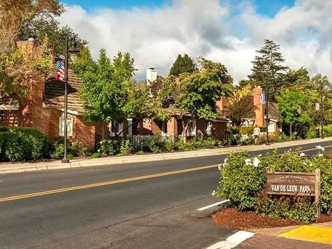 Brick buildings and mature trees create the perfect backdrop for your culinary adventure through wine country.