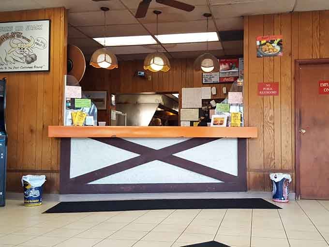 The order counter with its distinctive design, standing ready to take your request for unreasonable amounts of delicious food.