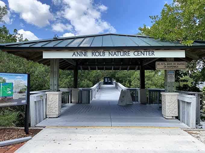 The Anne Kolb Nature Center entrance beckons explorers into mangrove forests teeming with coastal wildlife.