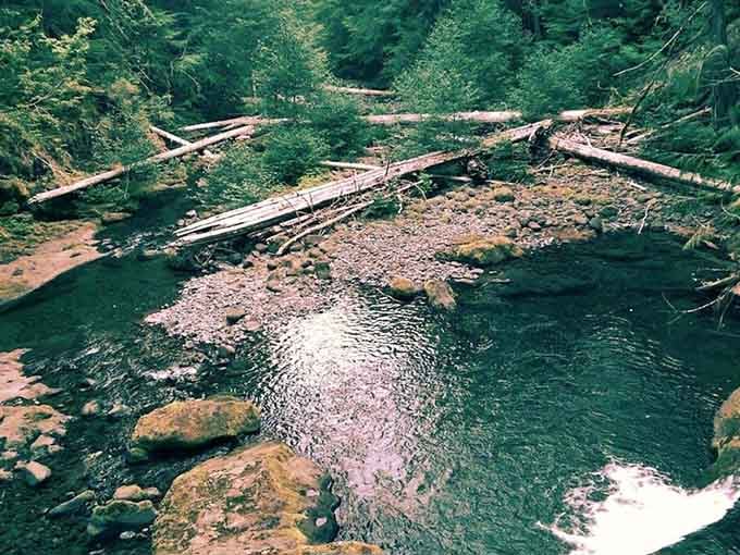 Crystal-clear mountain water flows over smooth stones in shades of pink that look almost too pretty to be natural.