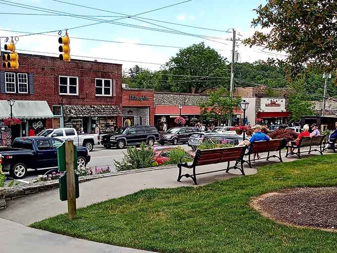 Park benches face Main Street where watching the world go by counts as quality entertainment.