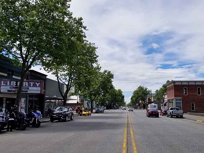 Motorcycles parked outside the theater hint at weekend adventures in this well-preserved slice of small-town Washington life.