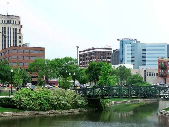 Kalamazoo's riverside greenery softens the urban edges, creating peaceful pockets where nature and city life shake hands.