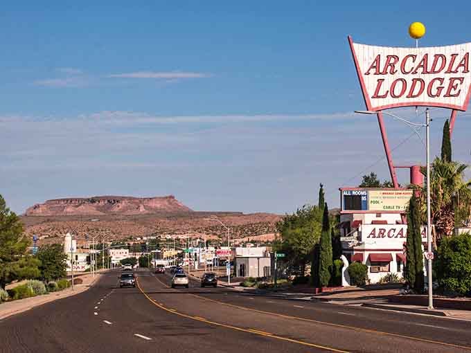 The vintage Arcadia Lodge sign reminds you that Kingman keeps its Route 66 charm alive and affordable for retirees.