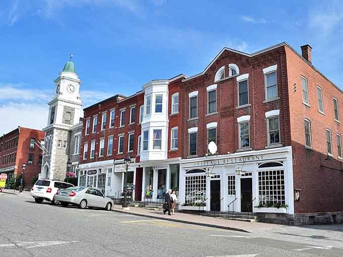 Red brick buildings stand shoulder to shoulder along the street like veterans of countless New England seasons.