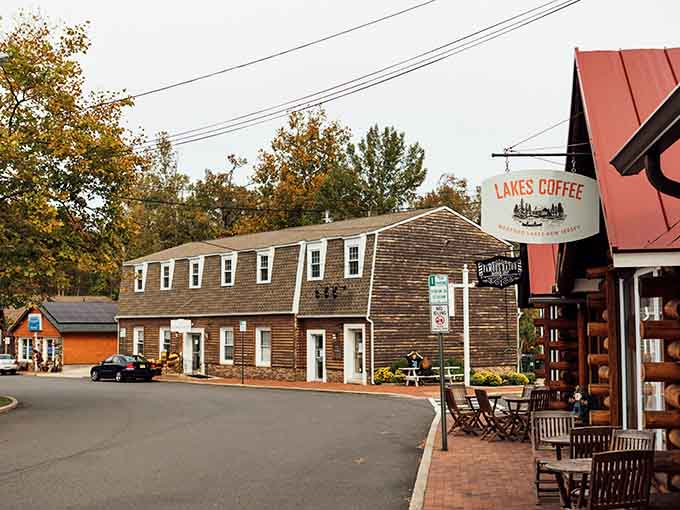 That Lakes Coffee sign beckons like a lighthouse for caffeine seekers in this perfectly preserved lakeside community.