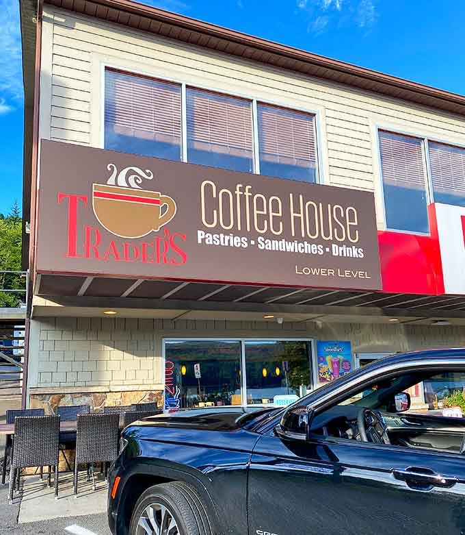 The bold red signage against cream siding makes this coffee house impossible to miss from the road.