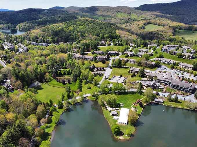 Mountains embrace this valley town like nature's own protective hug, green and welcoming year-round.
