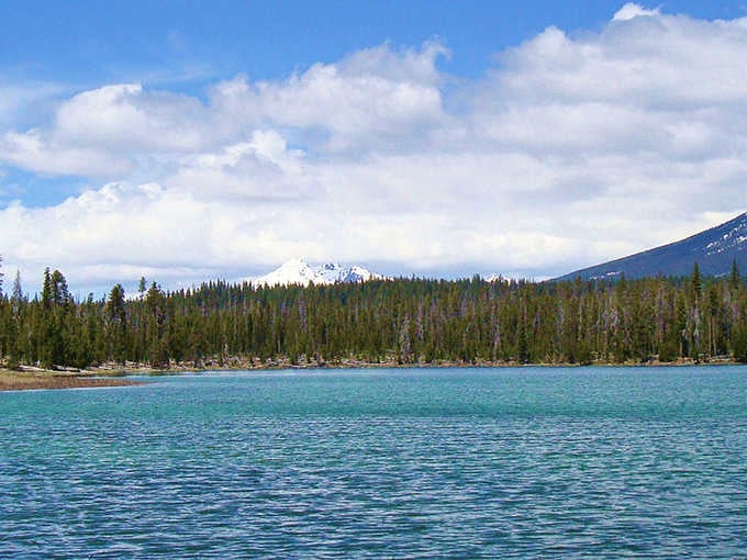 That turquoise lake shimmers beneath mountain peaks like a gemstone dropped by giants in a forest of green.