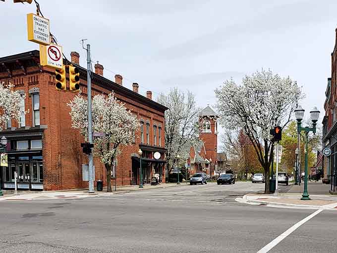 Spring blossoms line quiet streets where historic buildings await the next chapter in their continuing story.