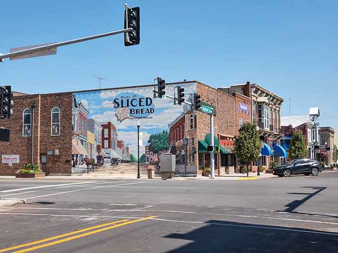 That giant sliced bread mural celebrates local pride with the kind of quirky charm that makes small towns unforgettable.