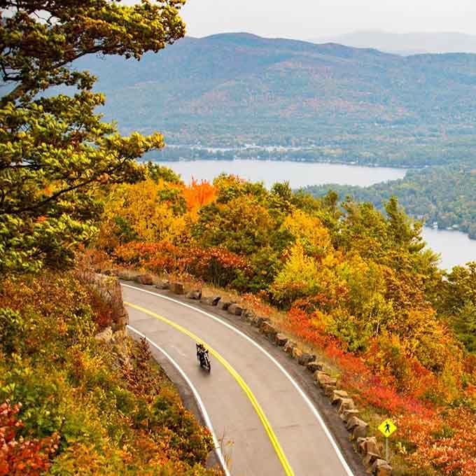 That motorcycle rider carved the perfect line through autumn's paint palette, with lake views that would make Easy Rider jealous.