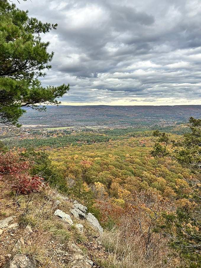 Autumn's tapestry spreads across distant valleys under dramatic clouds that rival any movie backdrop.