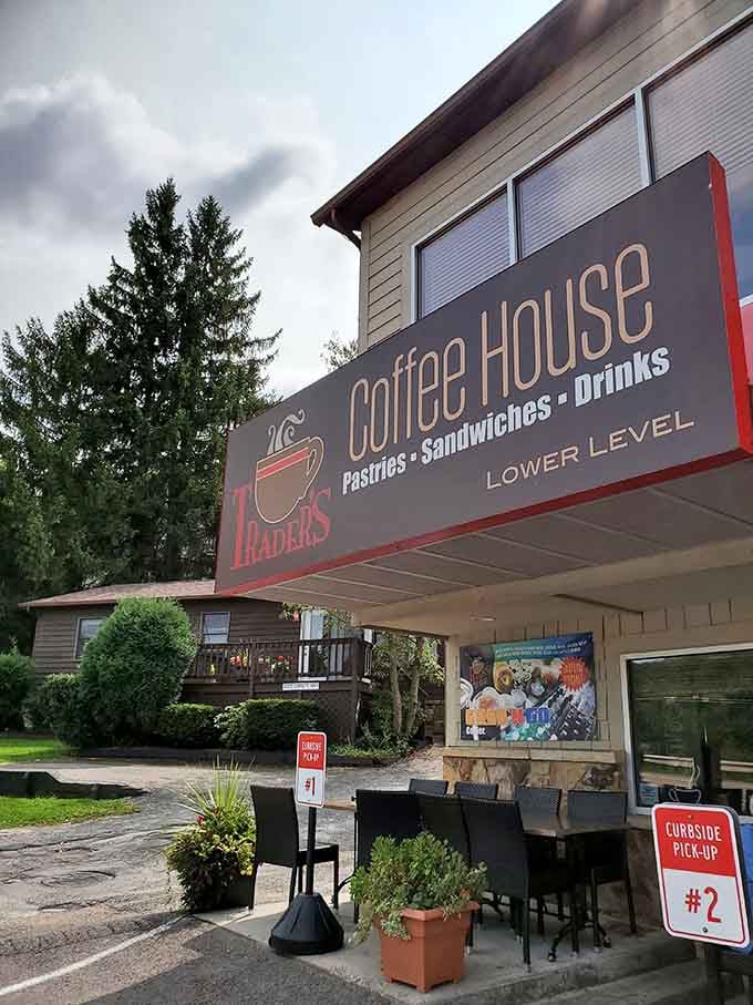 That oversized awning provides shelter while the big windows let you peek at the coffee magic happening inside.