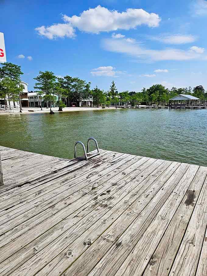 That wooden dock stretches invitingly over calm water, practically begging you to cannonball into a perfect summer afternoon.