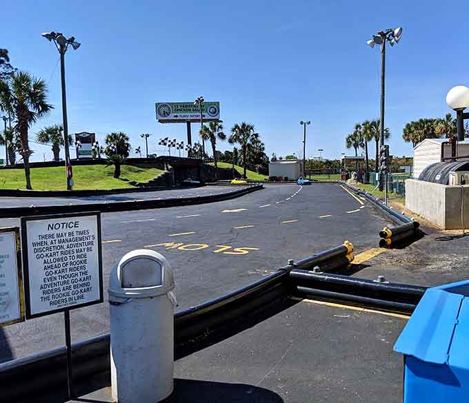 The go-kart track curves like a racing dream, minus the insurance premiums and speeding tickets involved.