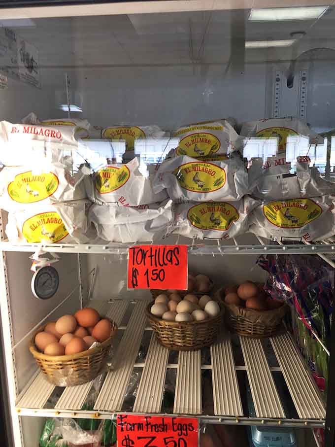 The freezer section stocks tortillas and essentials, proving this market really does think of absolutely everything.