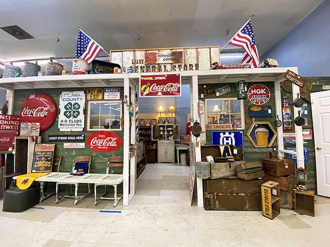 Americana memorabilia covers every surface, from flags to signs, celebrating nostalgia for Main Street's golden era.