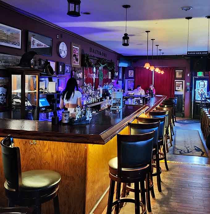 The bar glows with warm lighting, inviting you to settle in for drinks and conversation that lasts.