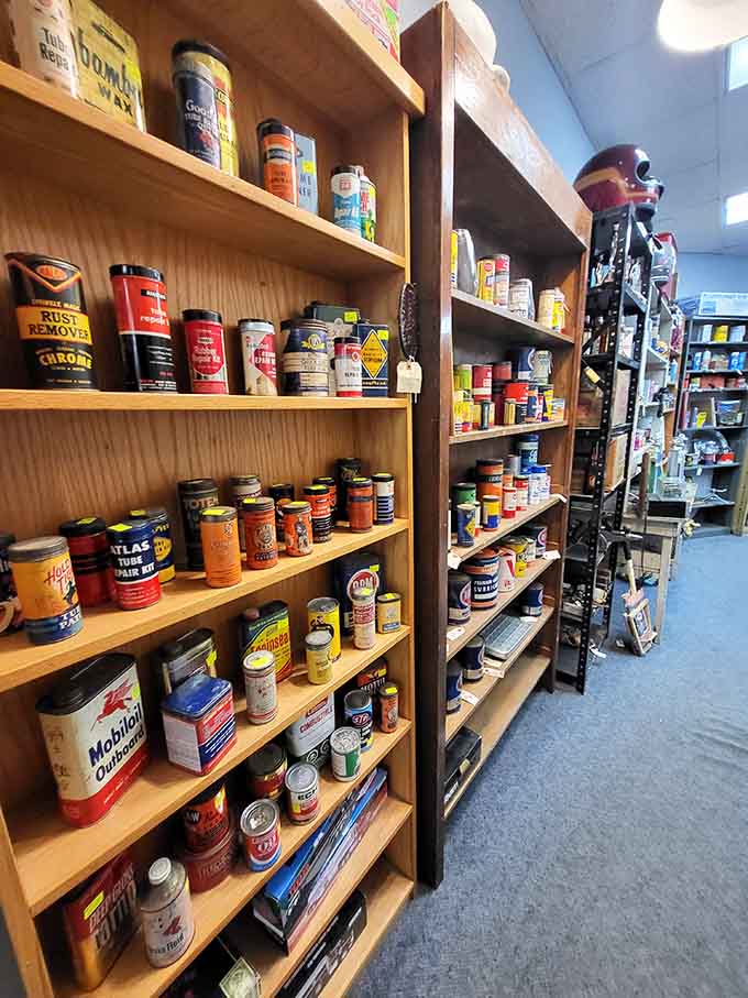 Collectible tins from motor oil to household products showcase graphic design from advertising's golden age of creativity.
