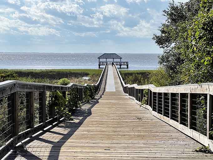 A boardwalk stretches toward endless water views, perfect for contemplating life's important questions and dinner plans.