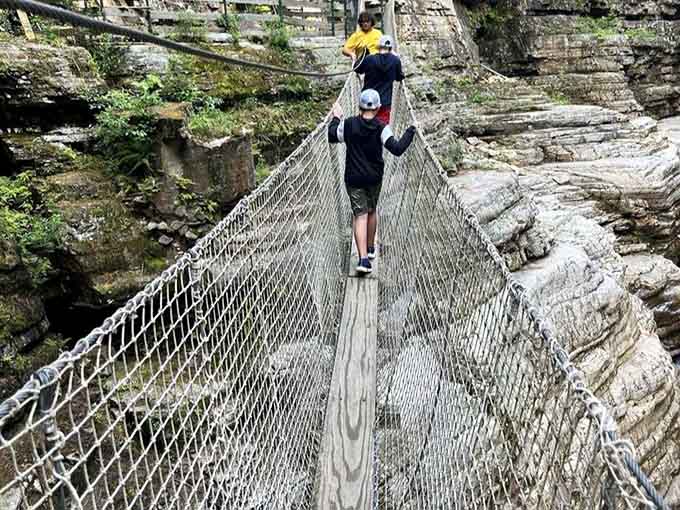 The suspension bridge sways just enough to remind you that you're crossing a very old, very deep gorge beautifully.
