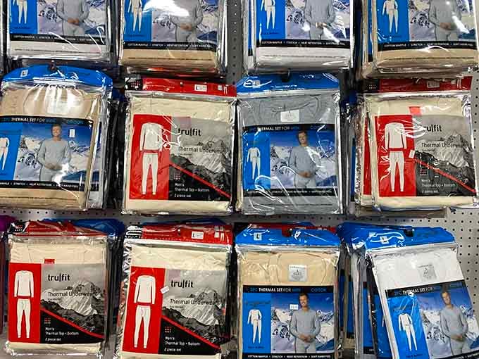 Thermal underwear sets stacked high because Michigan winters demand serious preparation at sensible prices you'll appreciate.