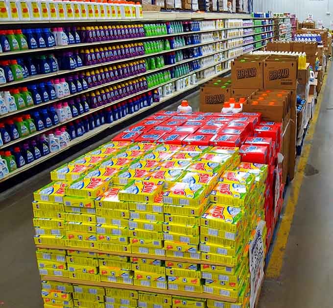 Enough cleaning supplies to tackle every mess since 1987, all organized like a beautiful, sudsy rainbow of savings.