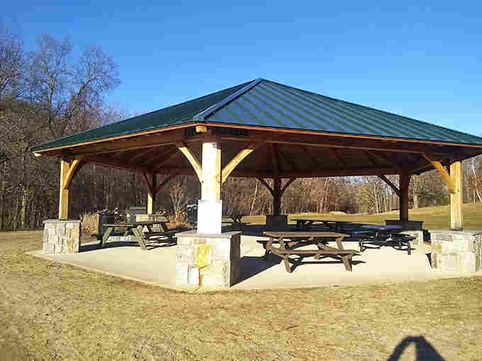 Covered picnic pavilions offer shelter for your lunch, protecting sandwiches from opportunistic birds and unexpected weather alike.
