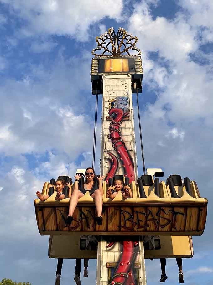 The Bay Beast tower stands ready to test your stomach's fortitude with drops that make your heart temporarily relocate.