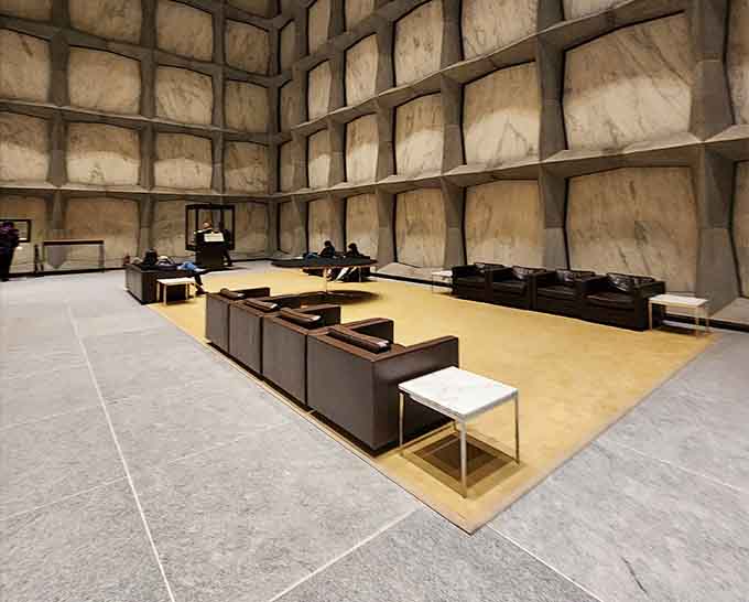 Leather seating that invites contemplation, or at least a nice place to rest after marveling at all those books.
