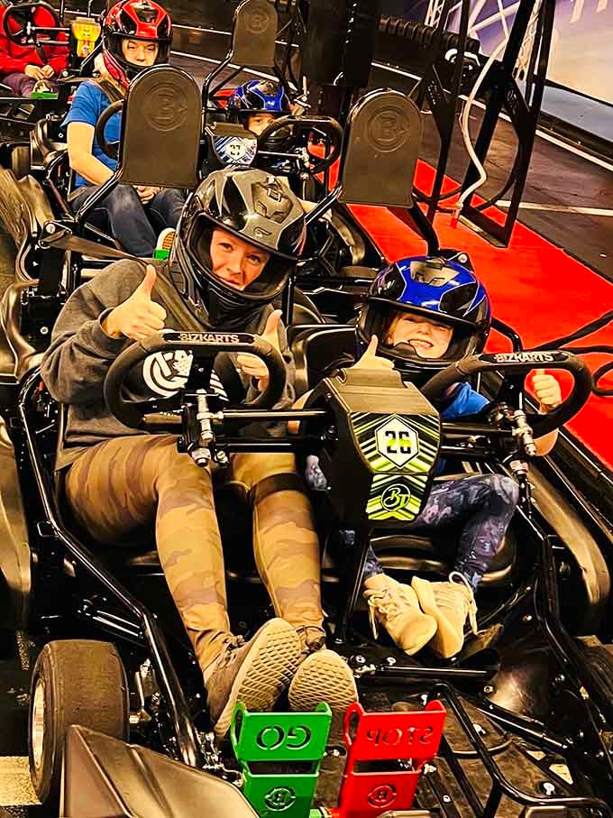 Happy racers strapped in and ready to prove who's got the fastest reflexes in the family today.