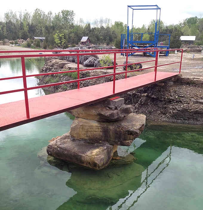 Colorful bridges and platforms dot the shoreline like a whimsical water park designed by nature itself.