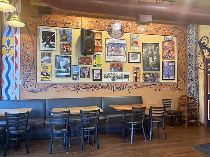 Blues legends and vintage posters create a wall collage that tells St. Louis stories better than any history book ever could.