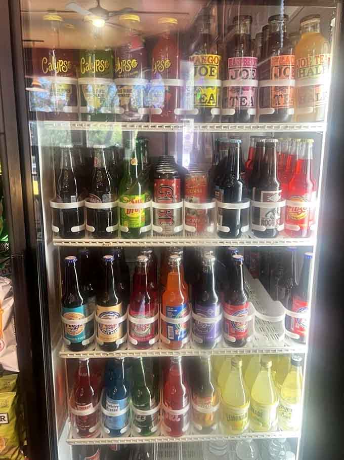 A fridge stocked with local sodas and beverages, because variety is the spice of lunch.