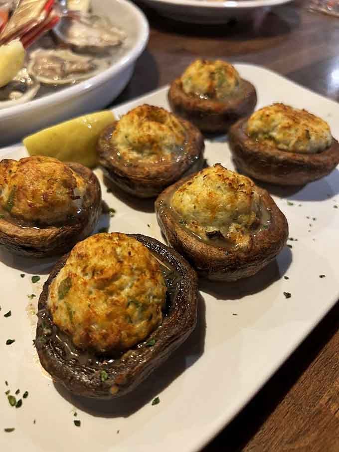 Golden-topped stuffed mushrooms prove that even the appetizers here deserve their moment in the spotlight.
