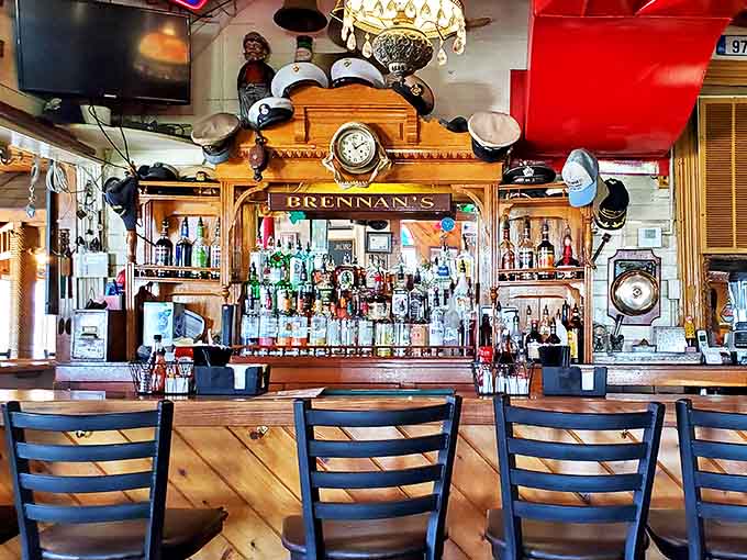 The bar's ornate woodwork and maritime treasures make waiting for your table feel like an adventure itself.